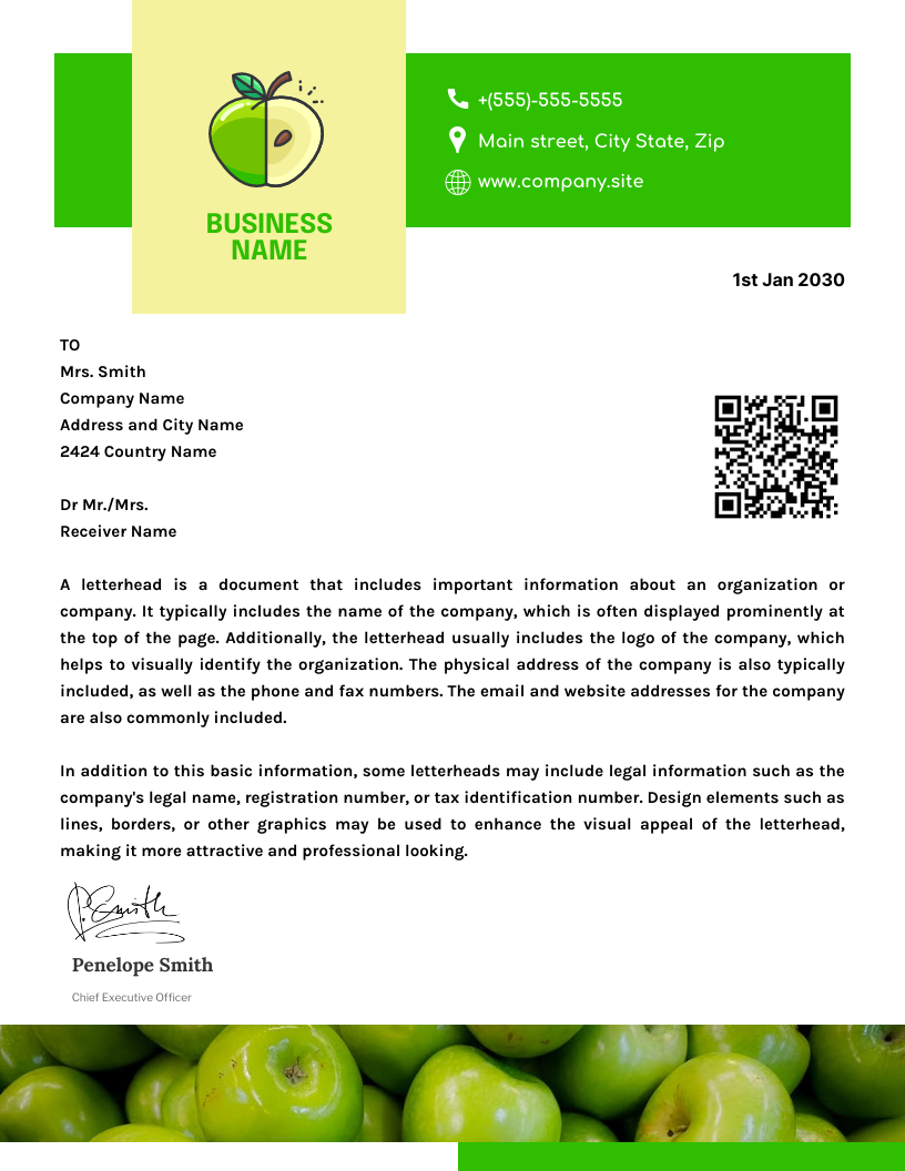 Yellow And Green Minimalist Apple Theme Letterhead Template