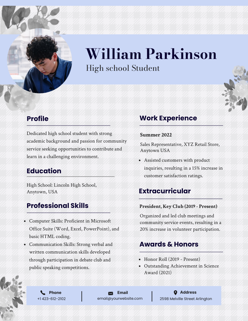 Neutral Purple Flower High School Resume