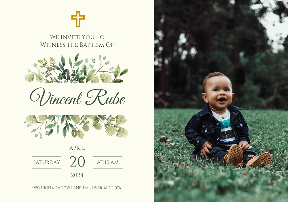 Cream and Green Floral Baptism Card