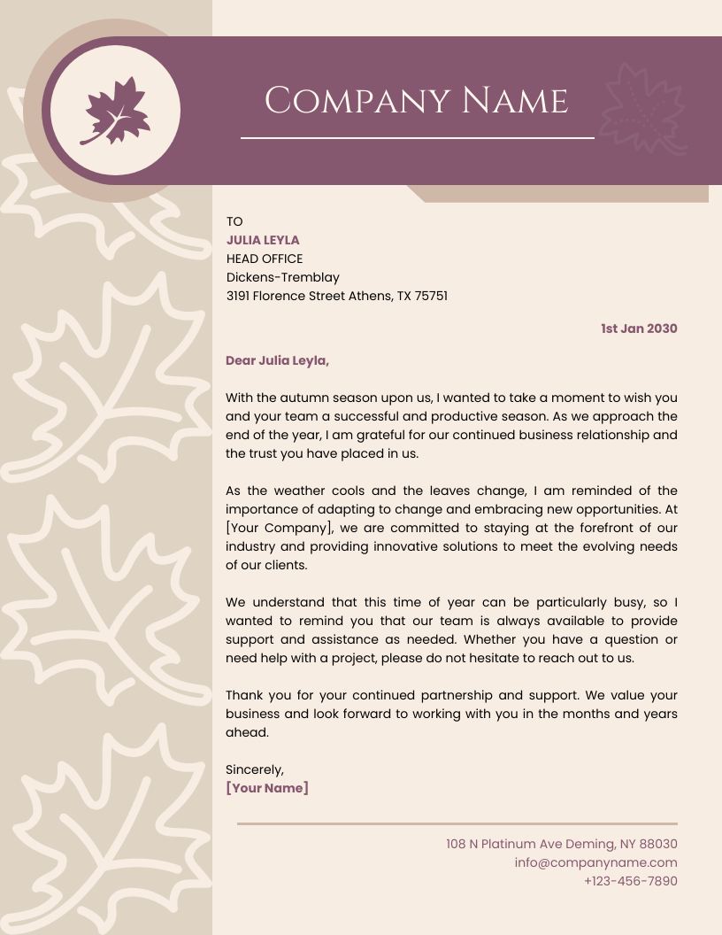 Beige And Dark Purple Classic Business Autumn Letterhead