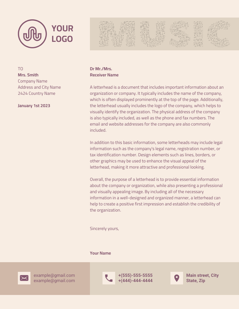 Cream Monochrome Modern Music Creative Letterhead Template