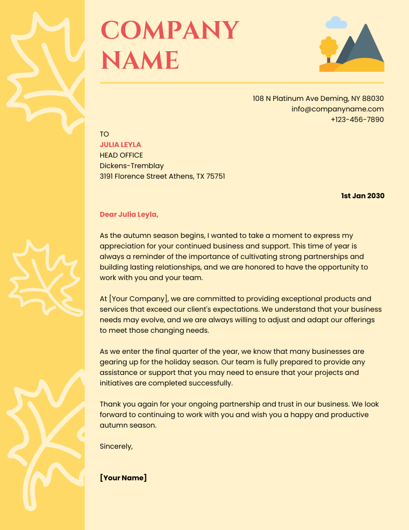 Yellow Modern Illustration Business Autumn Letterhead