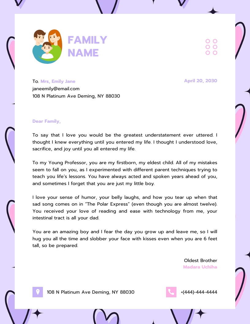 Lilac Cute Pattern Simple Business Family Letterhead