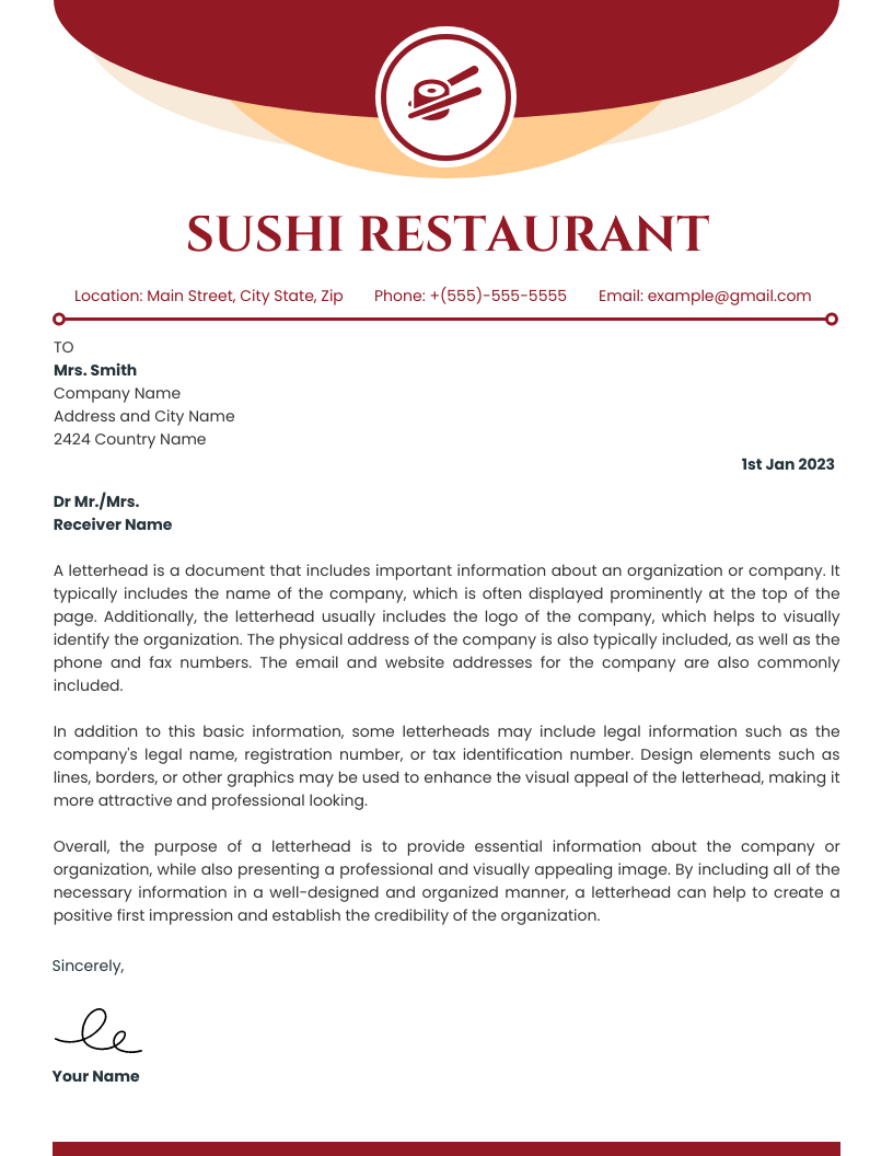 White Modern Sushi Restaurant Letterhead Template