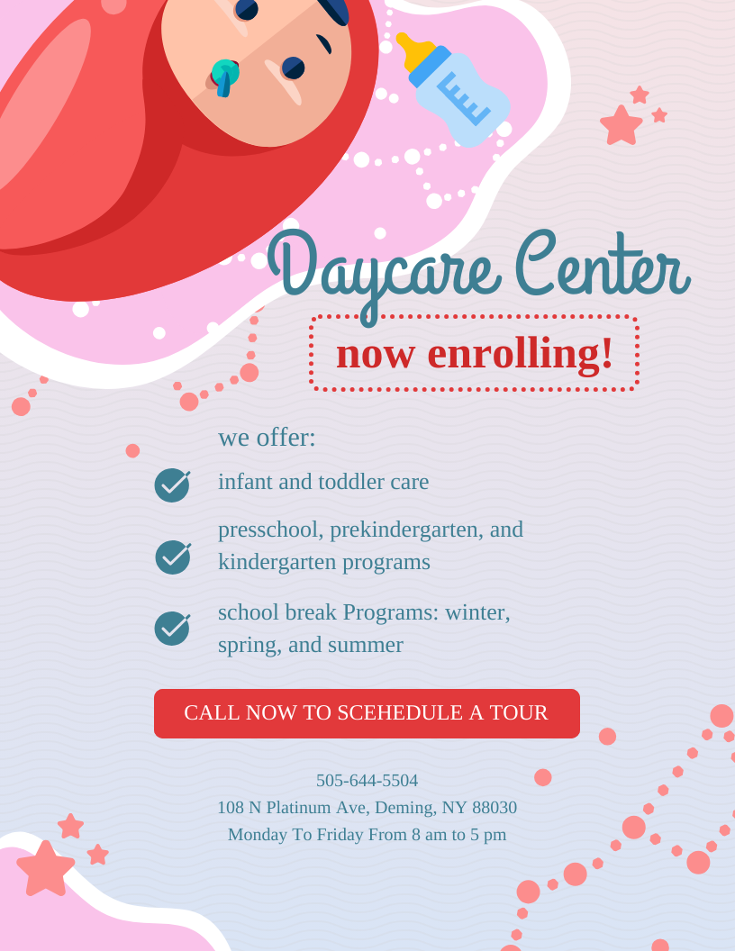 Pink And Soft Blue Cute Daycare Flayer