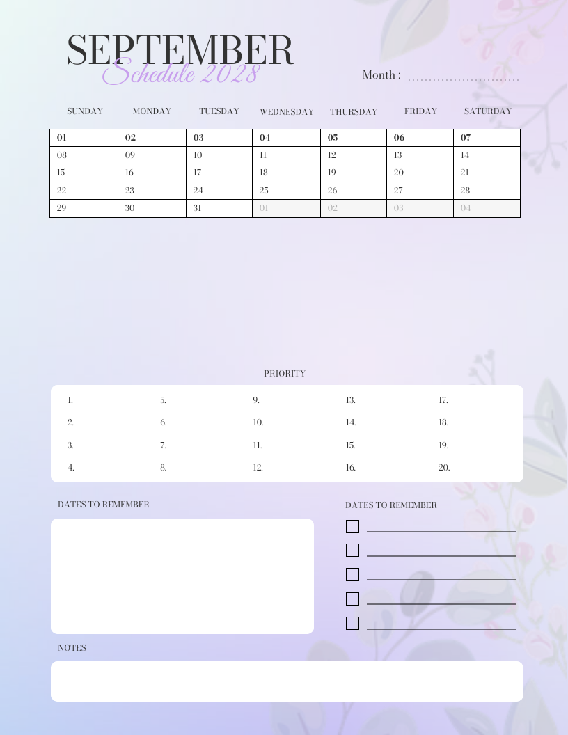 Gradient Purple September Schedule 2028 Flyer Template