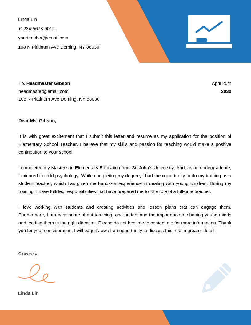 Orange And Blue Simple Professional Business Teacher Letterhead