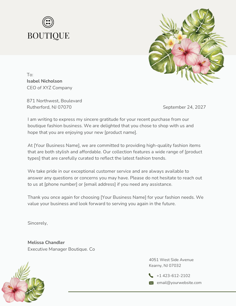 White Beige Floral Green Boutique Business Letterhead