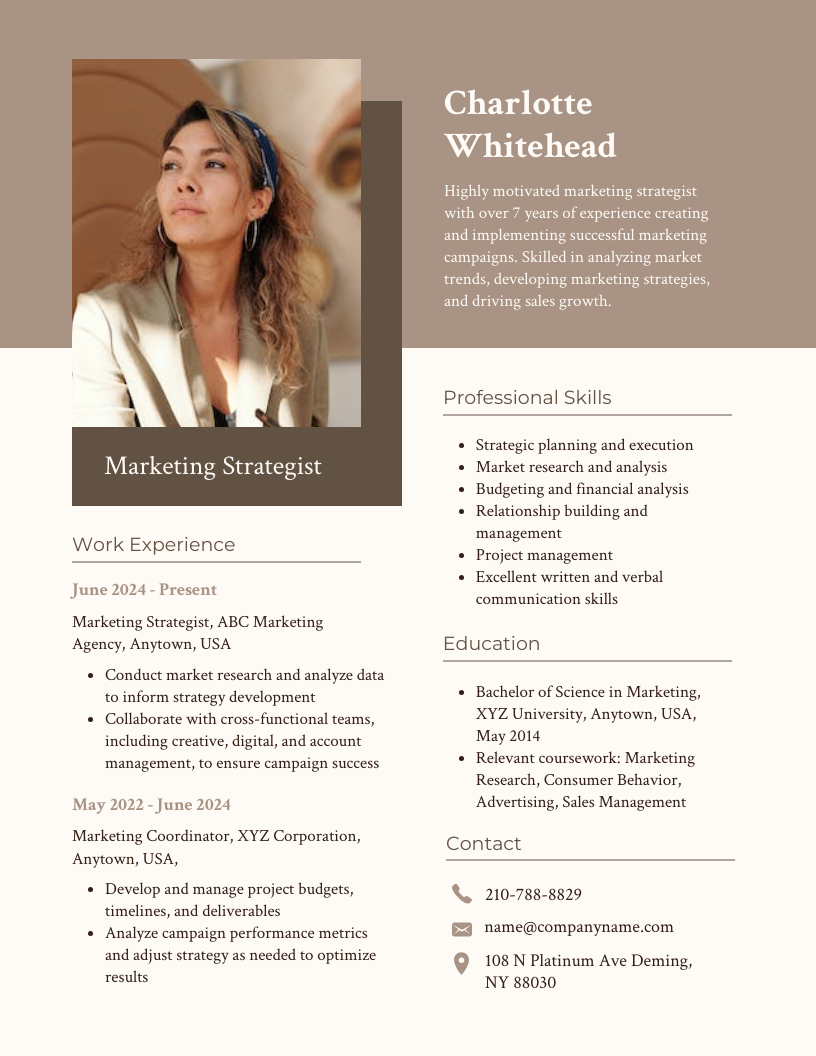Neutral Brown Minimalist Marketing Strategist Resume