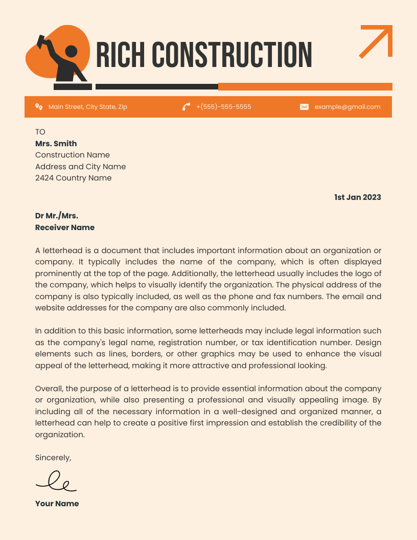Cream Modern Professional Construction Letterhead Template