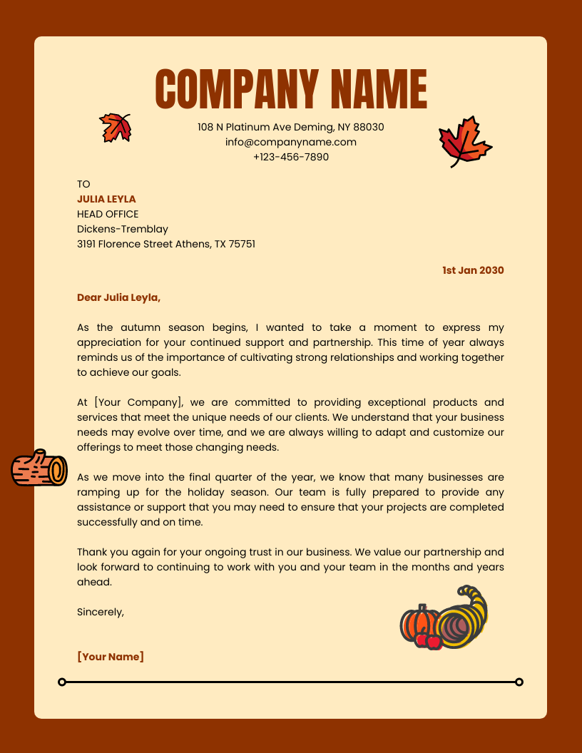Light Yellow And Brown Simple Business Autumn Letterhead