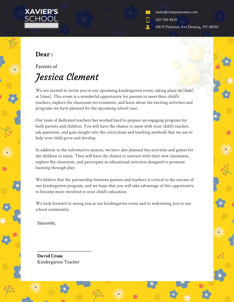 Yellow Flower Kindergarten Parents Letterhead Invitation