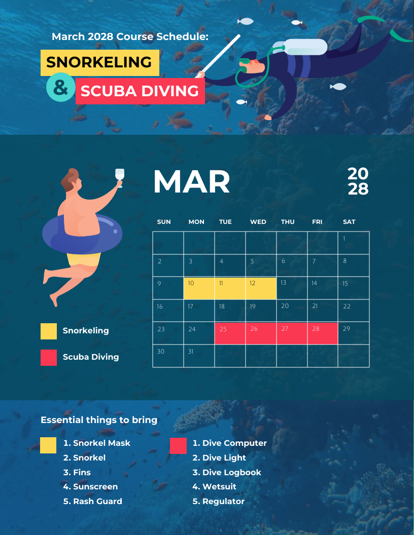 Simple Teal Blue Snorkeling and Scuba Diving Monthly Schedule Template