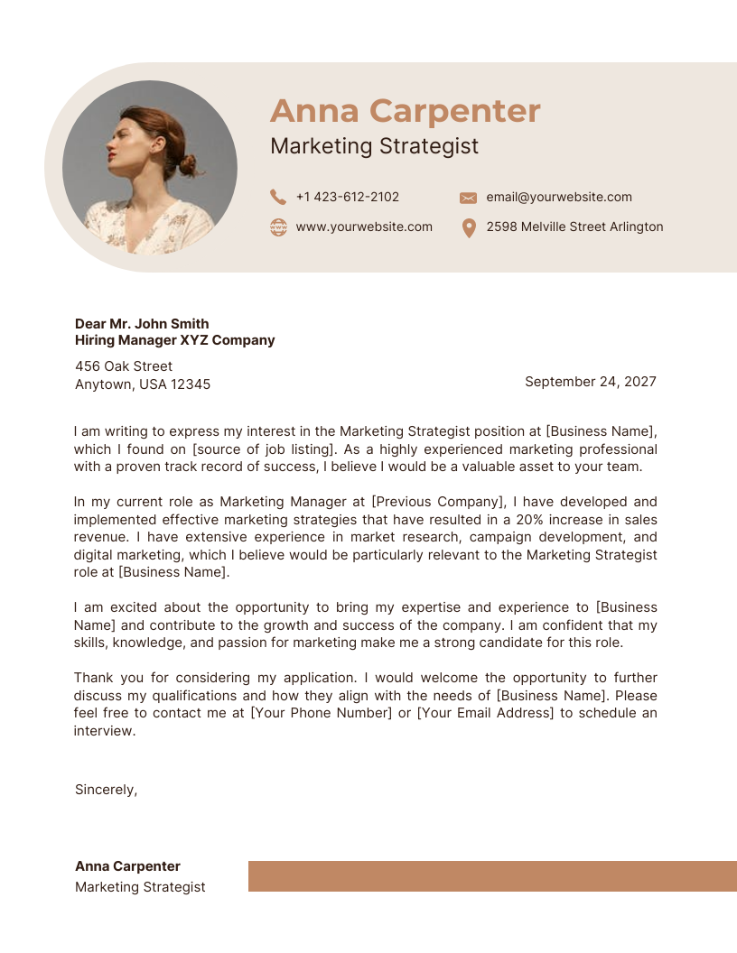 White and Beige Minimalist Marketing Strategist Cover Letter