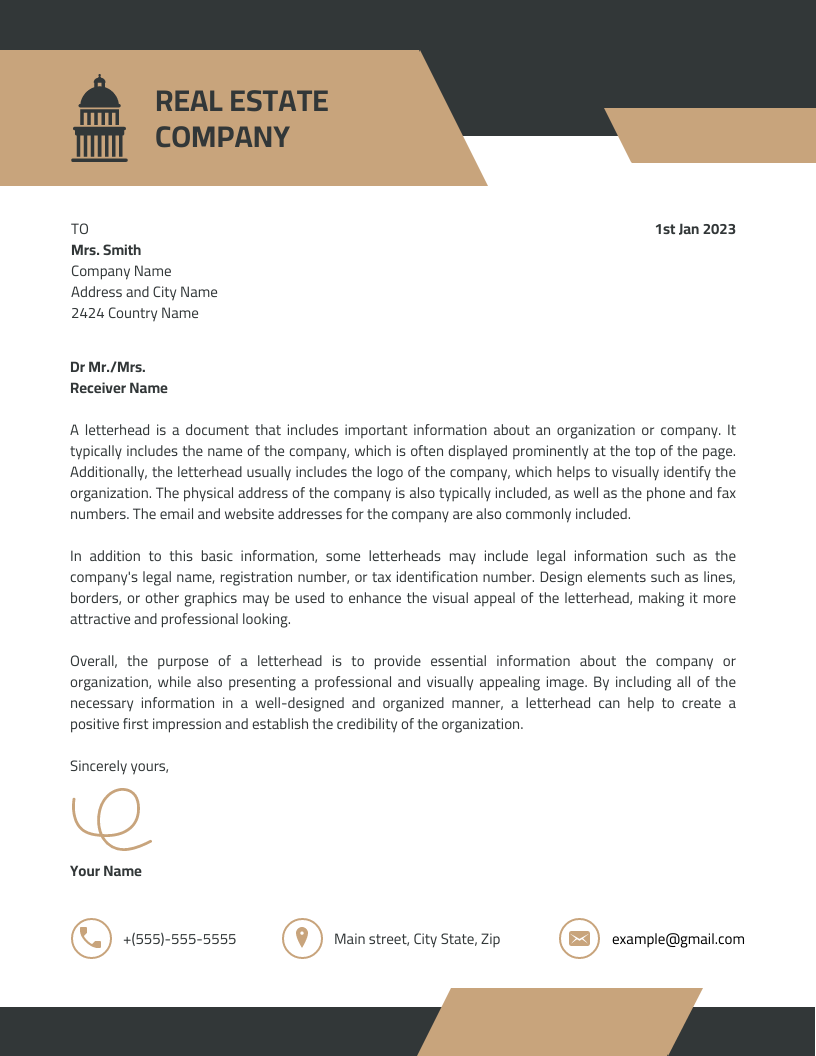 Black And Brown Corporate Modern Real Estate Letterhead Template