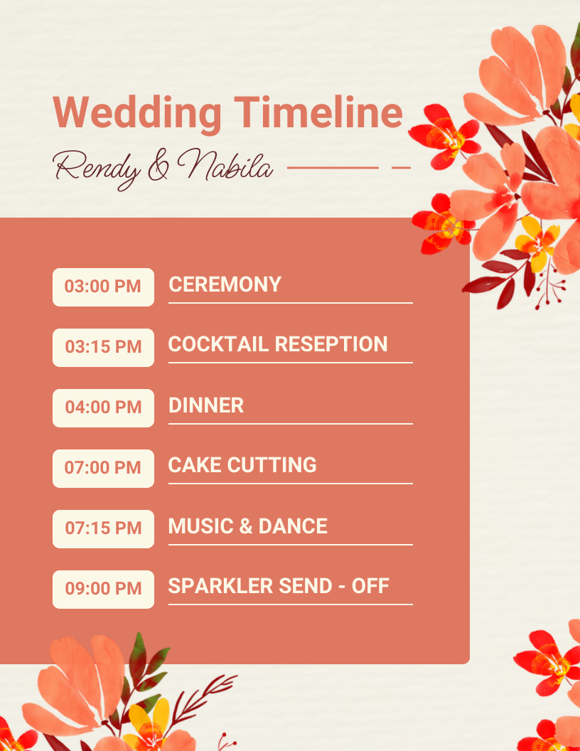 Light Yellow And Orange Modern Floral Wedding Timeline Schedule Template