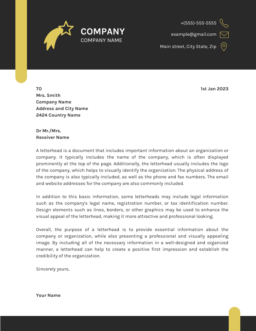 White Yellow And Black Modern Company Letterhead Template