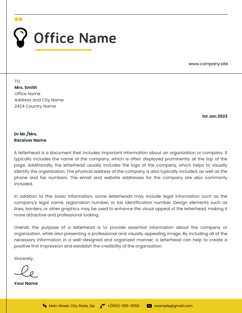 White And Yellow Simple Professional Office Letterhead Template