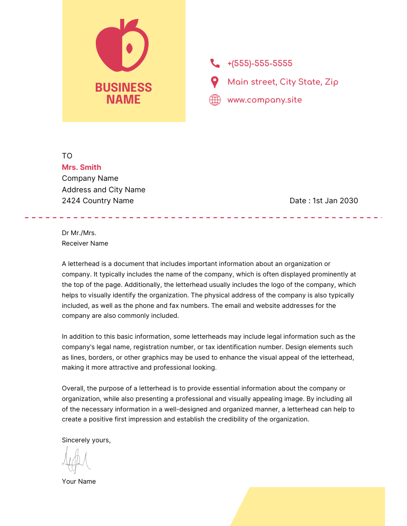 White And Yellow Minimalist Apple Letterhead Template