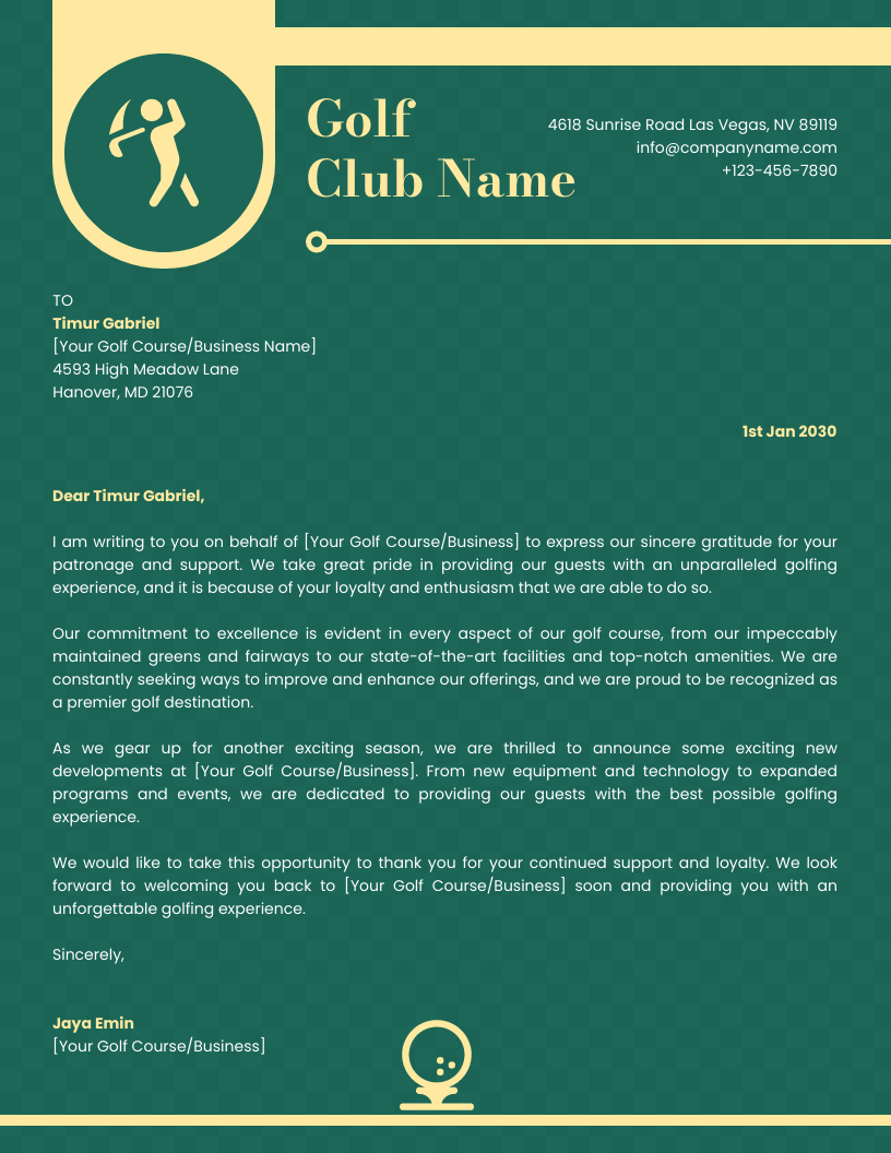Green And Yellow Classic Business Golf Club Letterhead
