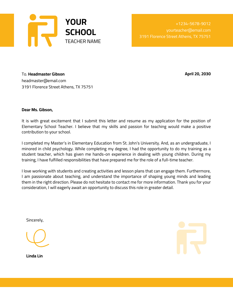 White And Yellow Minimalist Business Teacher Letterhead