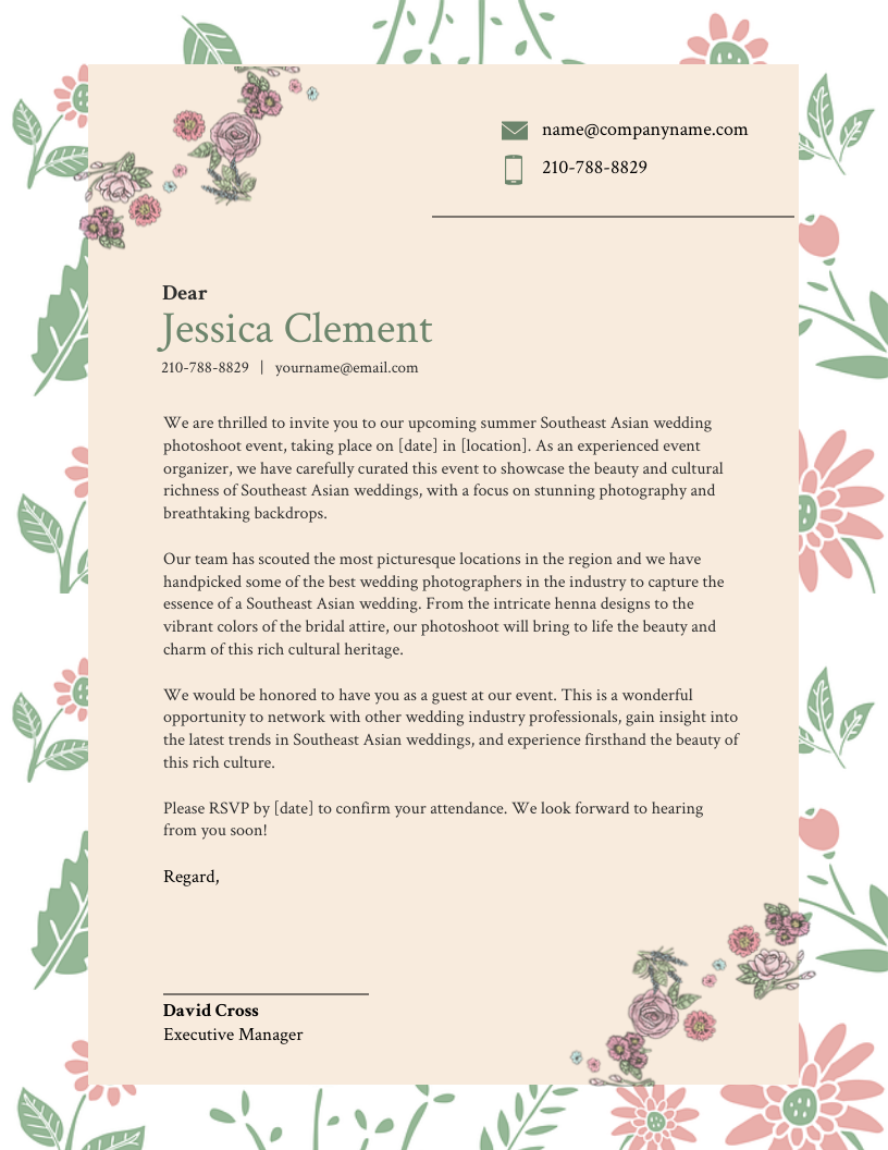 Green and Pink Cream Flower Letterhead Invitation