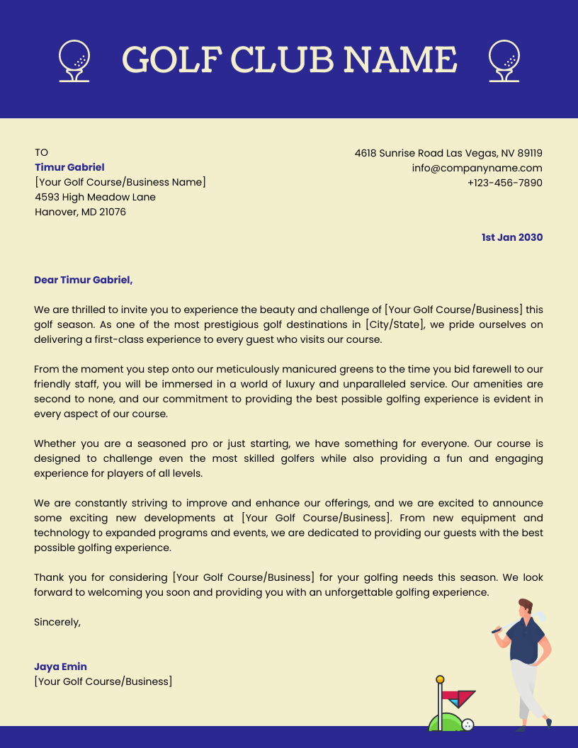 Light Yellow And Blue Simple Business Golf Club Letterhead