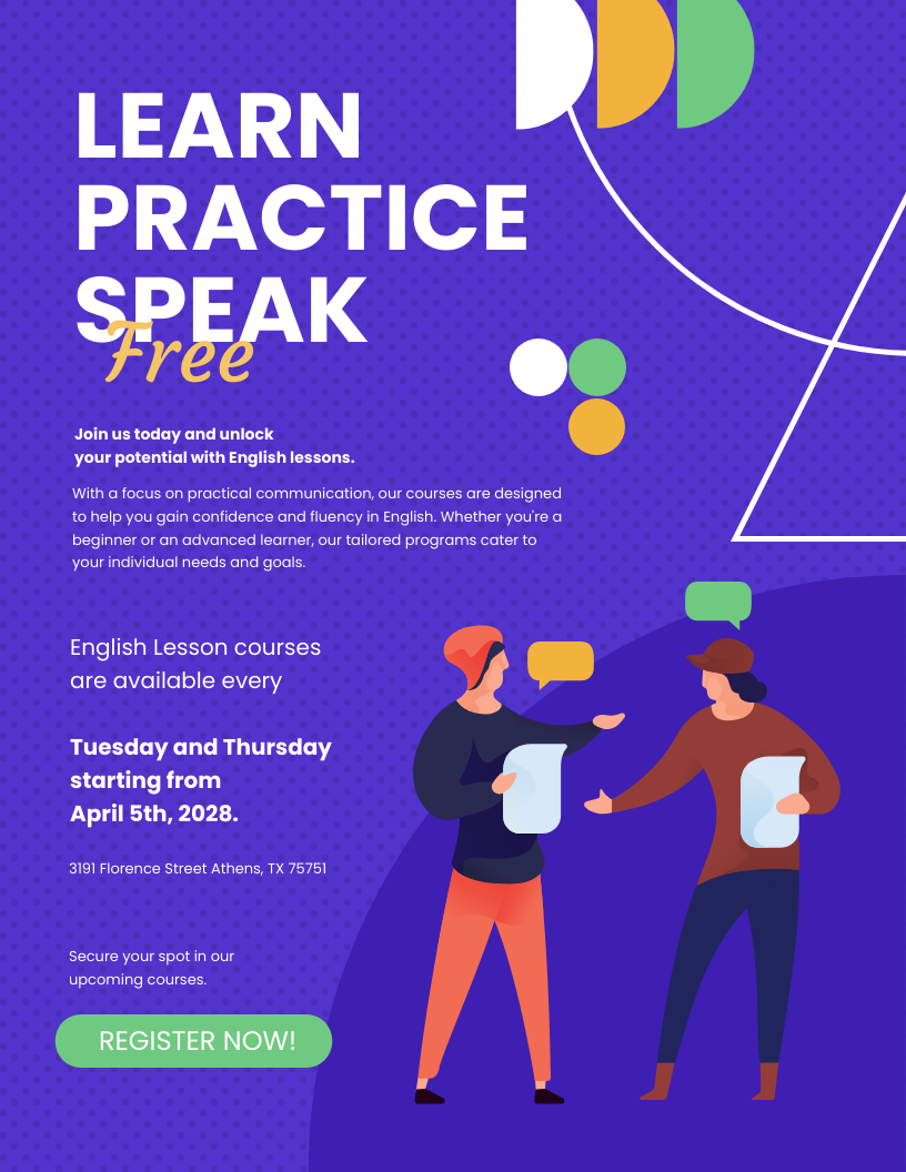 Purple Blue English Lesson Courses Poster Template