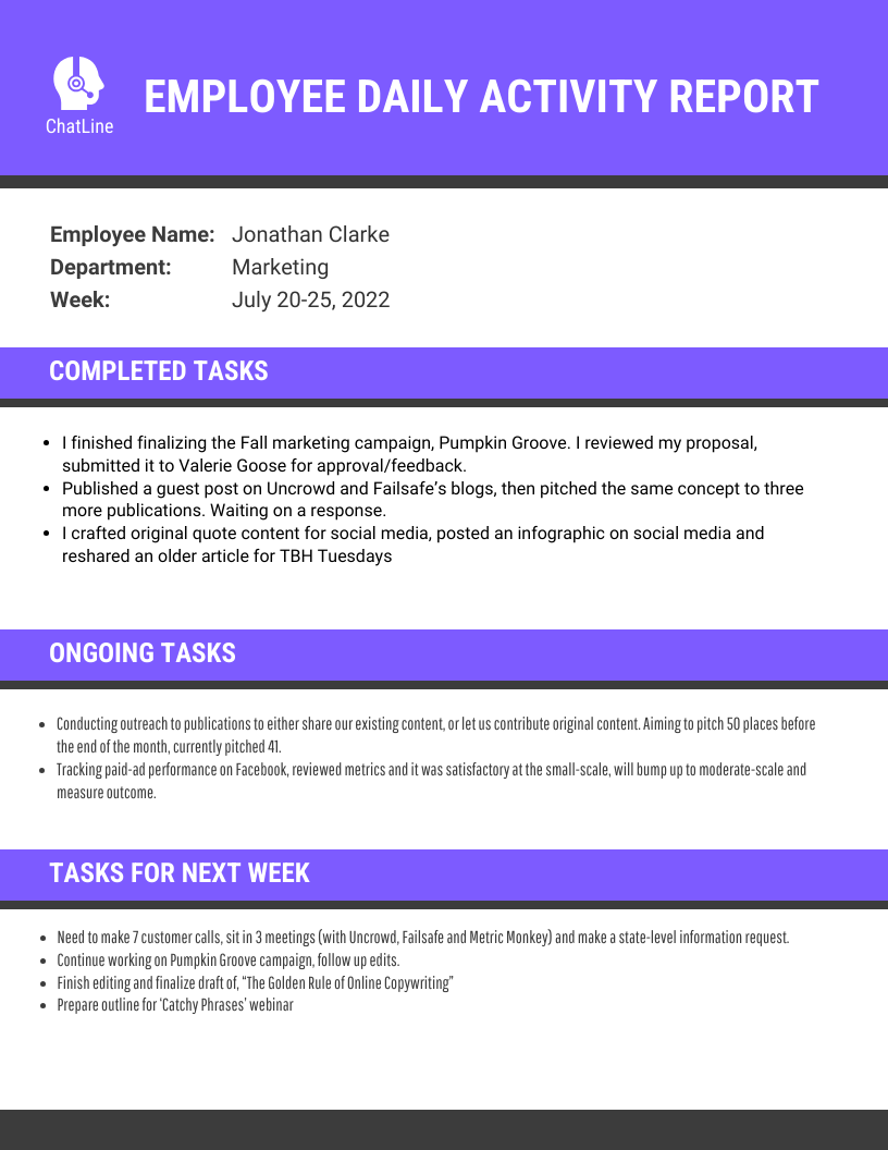 Purple Employee Daily Activity Report Venngage