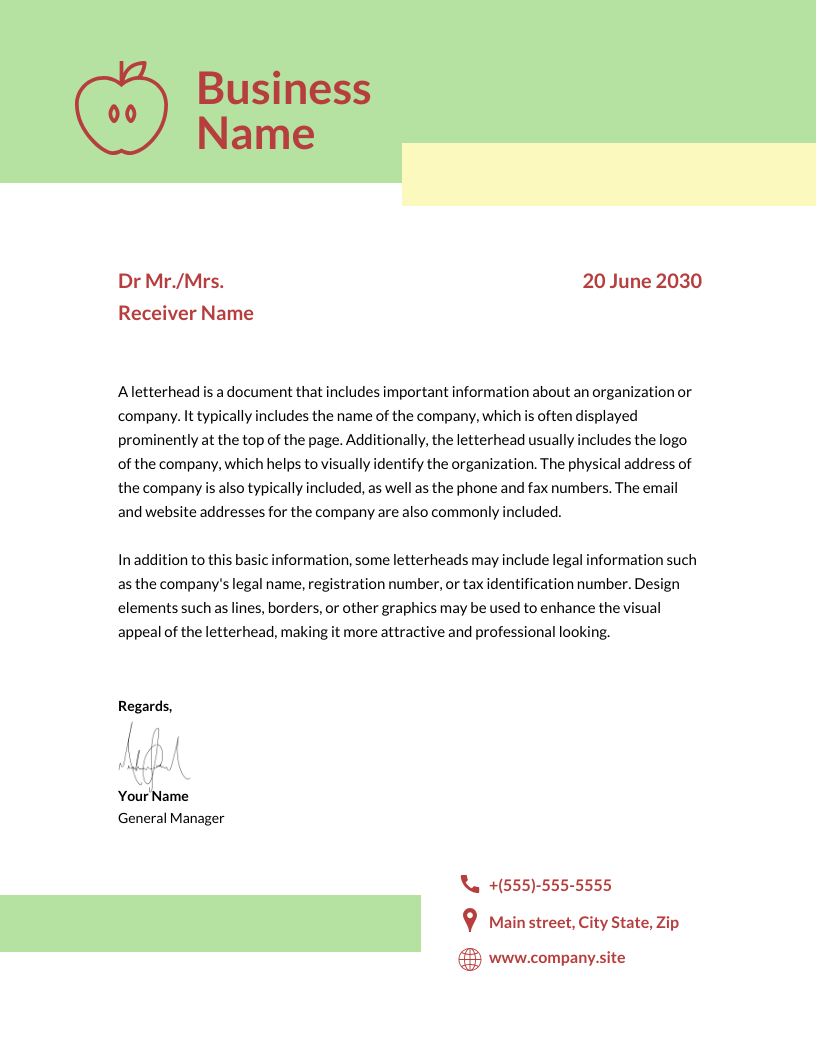 Green And Yellow Pastel Minimalist Apple Letterhead Template