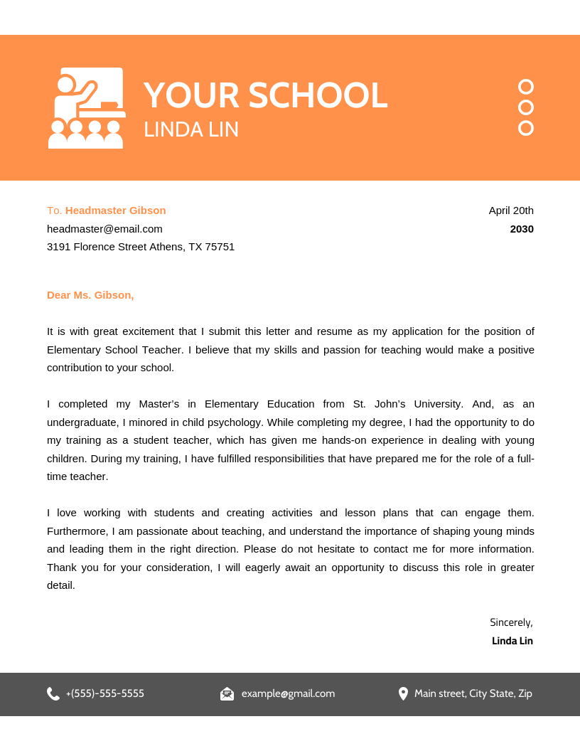 Orange And Dark Green Minimalist Business Teacher Letterhead