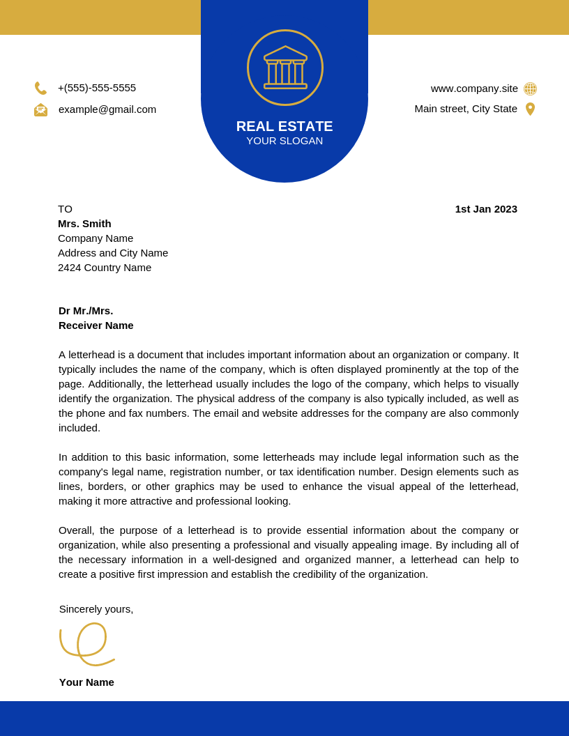 Blue And Gold Modern Professional Real Estate Letterhead Template