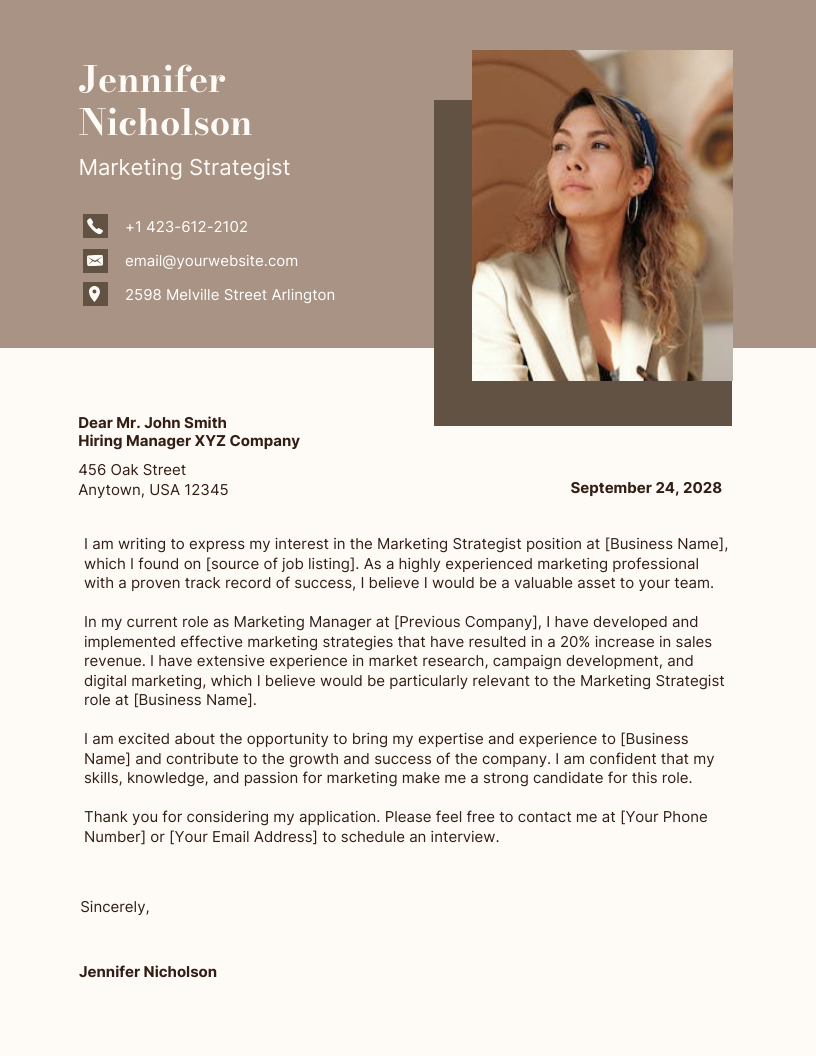 Neutral Brown Minimalist Marketing Strategist Cover Letter