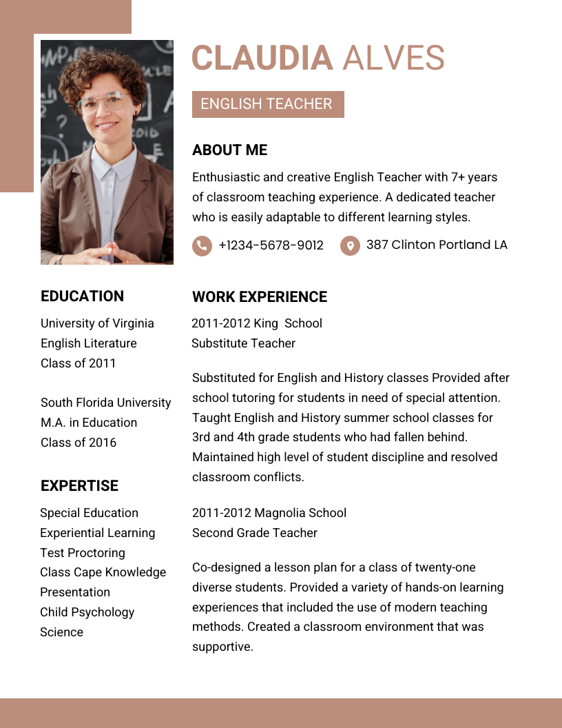 Brown And White Modern Minimalist English Teacher Resume