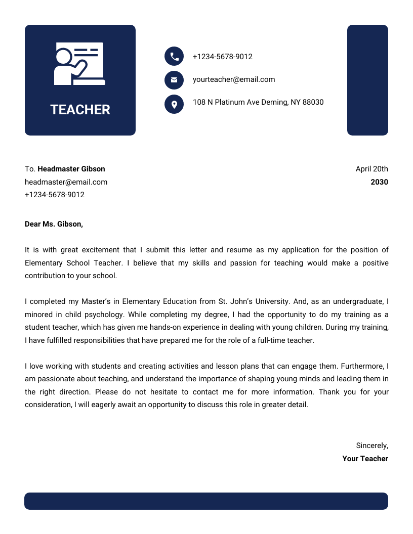 Dark Blue Simple Professional Business Teacher Letterhead