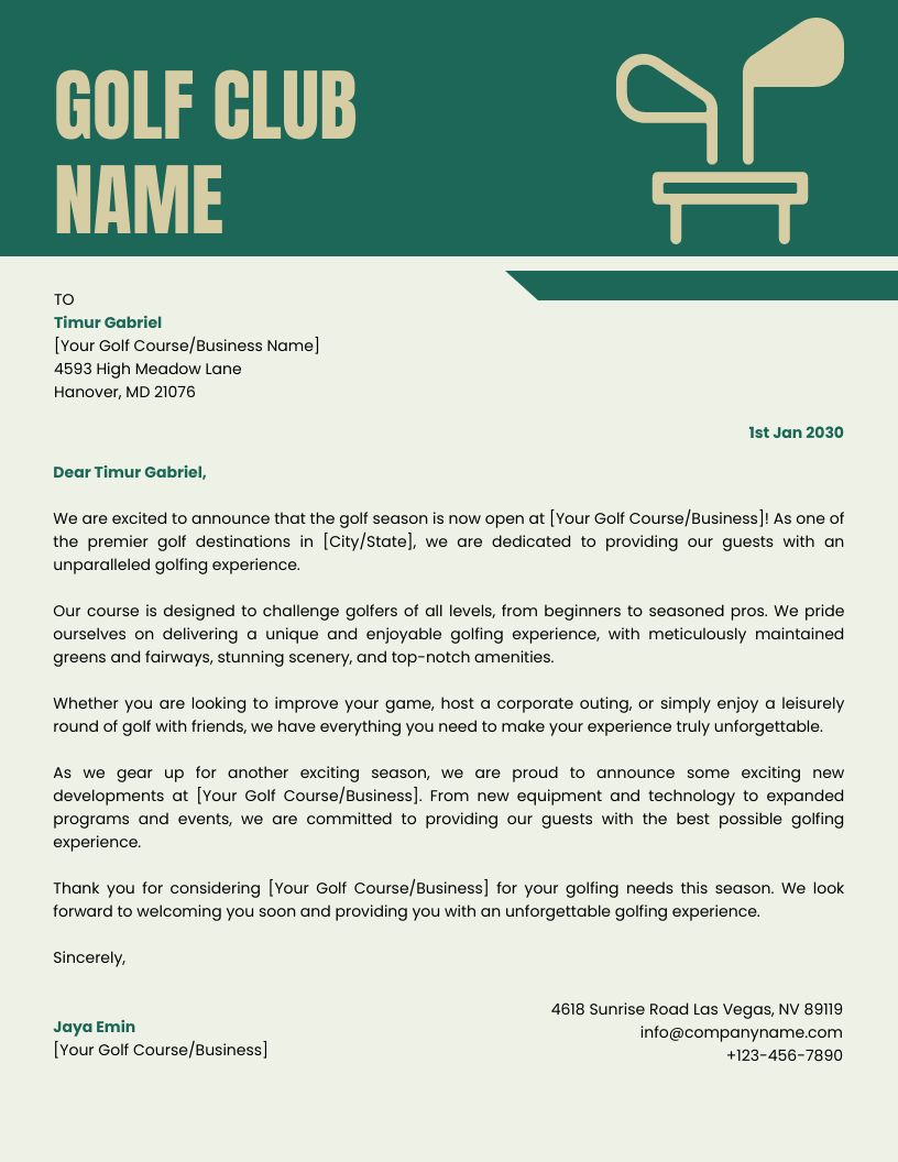Green Classic Professional Business Golf Club Letterhead