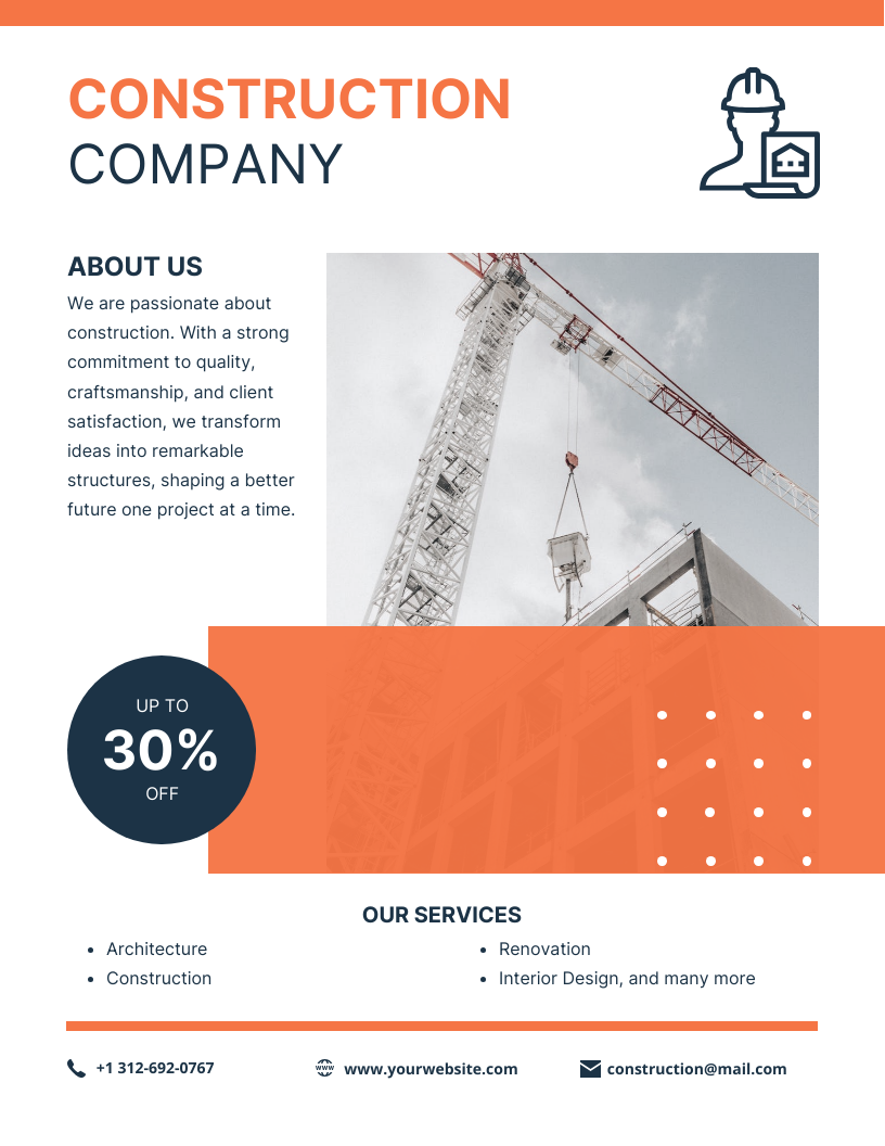 Simple Modern White Orange Construction Company Flyer