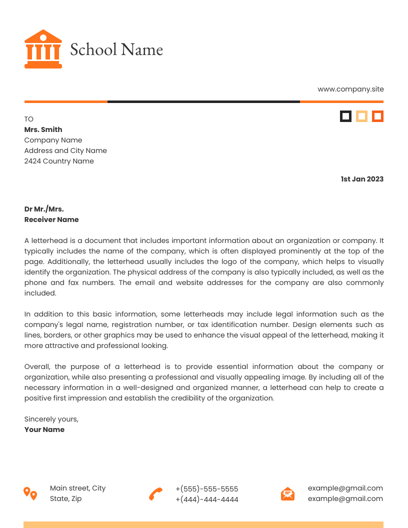 White And Orange Minimalist School Letterhead Template