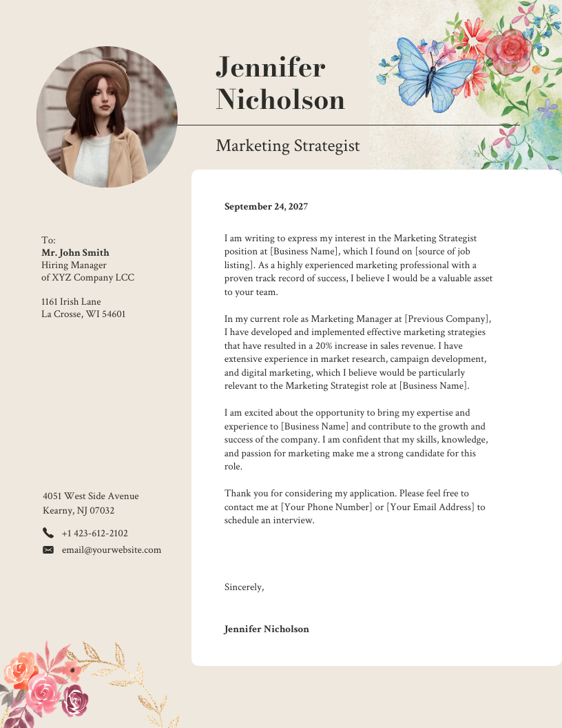 Cream Beige Floral Watercolor Job Letterhead