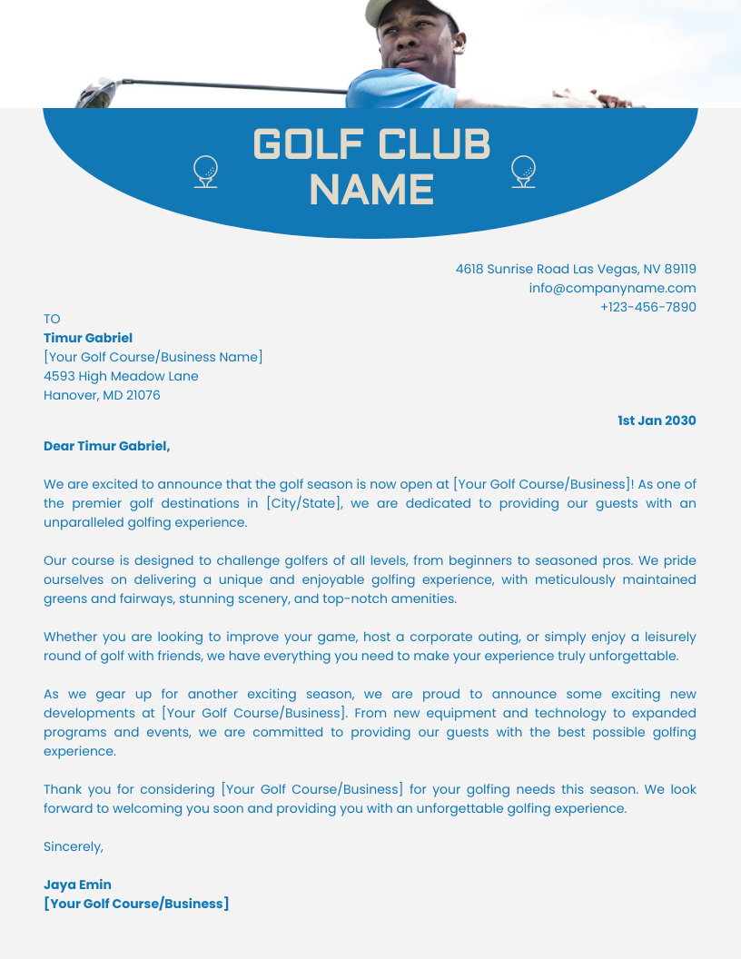 Light Grey And Blue Simple Business Golf Letterhead