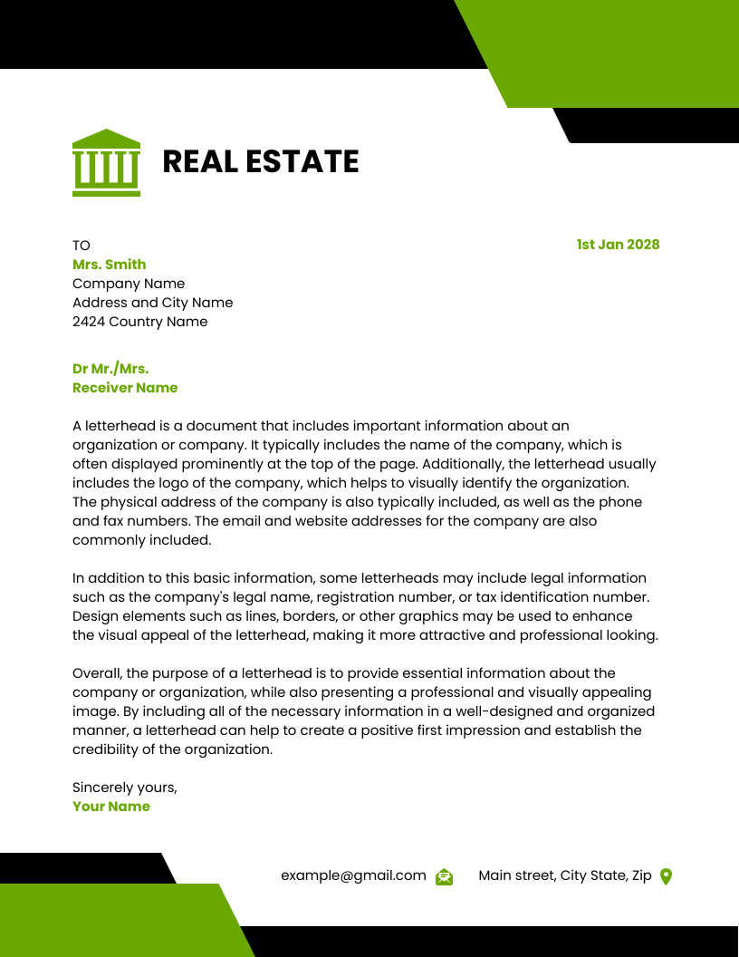 Green And Black Modern Professional Real Estate Letterhead Template