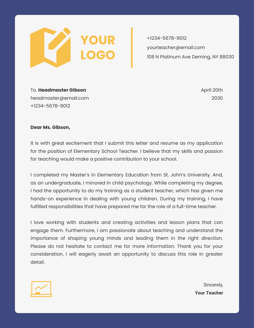 Blue And Yellow Minimalist Business Professional Teacher Letterhead