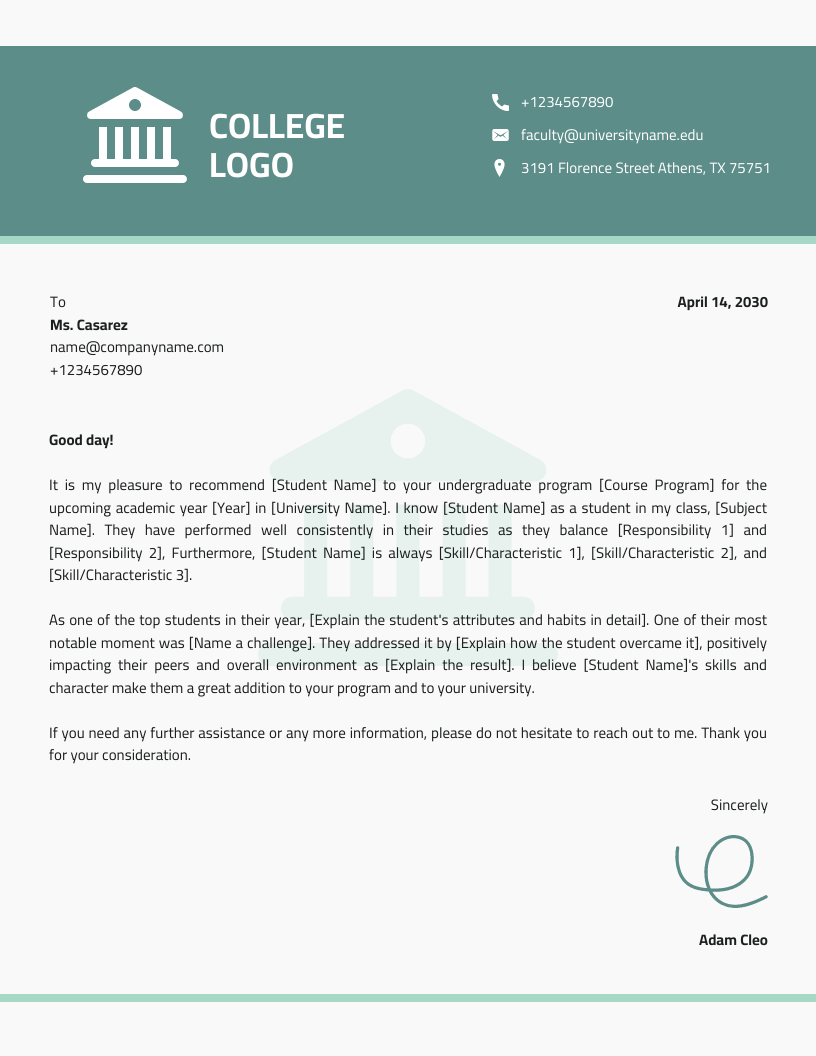 Broken White And Green Teal Simple Professional College Letterhead