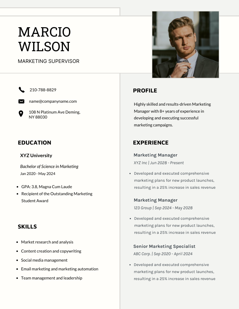 White and Cream Simple Marketing Resume