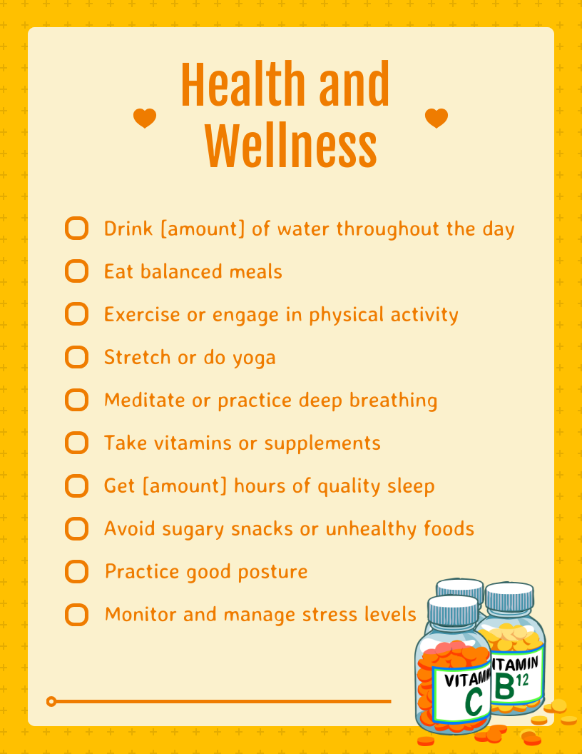 Yellow Simple Health And Wellness Daily Checklist