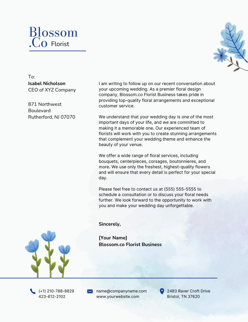 Blue Watercolor Floral Business Letterhead