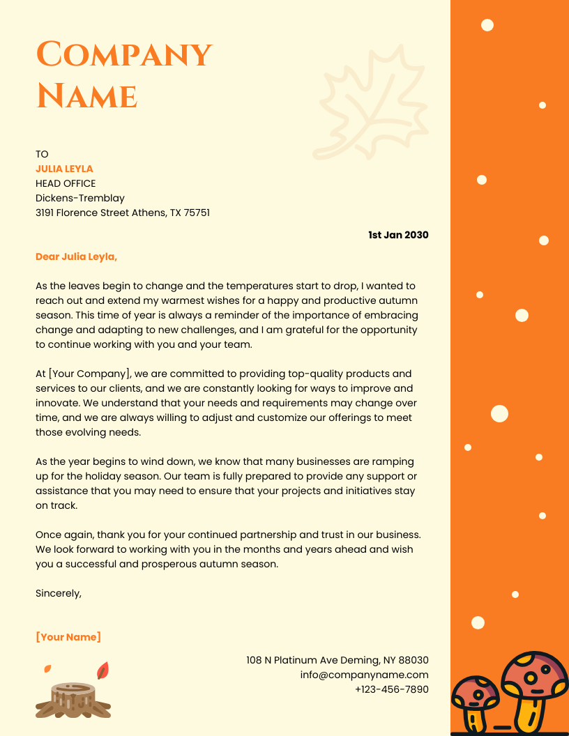 Light Yellow And Orange Modern Illustration Business Autumn Letterhead