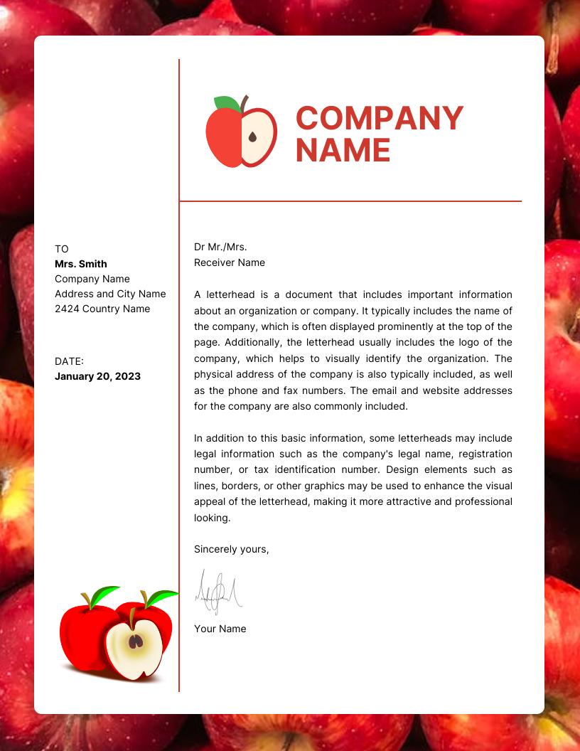 Red And White Minimalist Apple Theme Letterhead Template