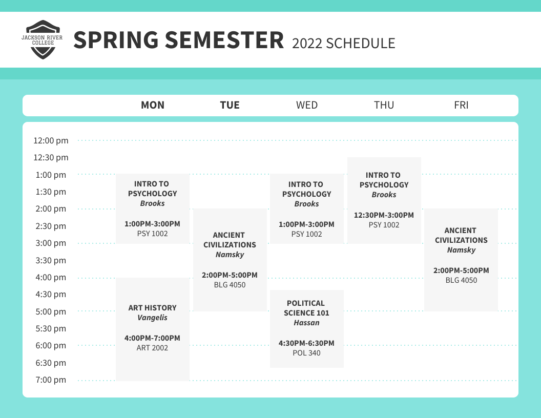 College Weekly Class Schedule Template