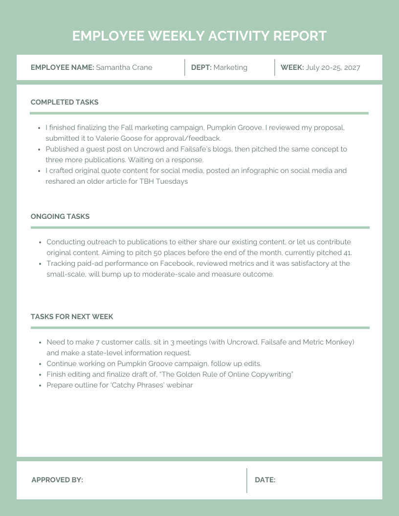 EMPLOYEE WEEKLY ACTIVITY REPORT Venngage